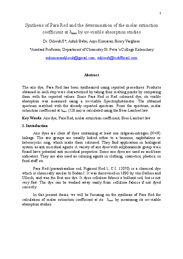 (PDF) Synthesis of Para Red and the determination of the molar ...