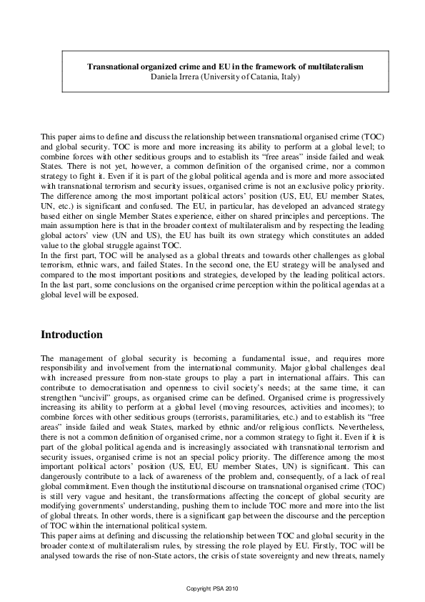 Pdf Transnational Organized Crime And Eu In The Framework Of Multilateralism