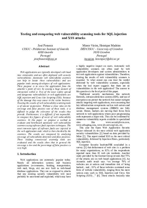 (PDF) Testing and comparing web vulnerability scanning tools for SQL ...