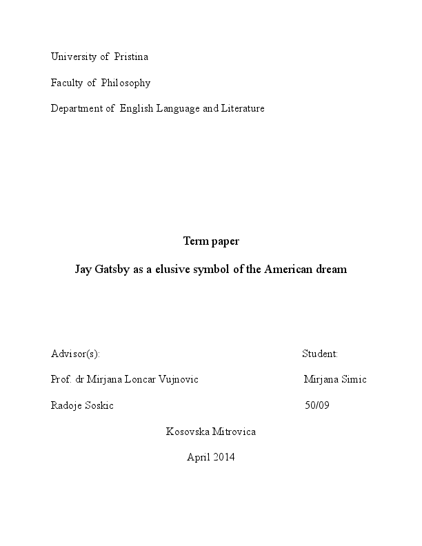 (DOC) Jay Gatsby as elusive symbol of the American dream | Mirjana ...