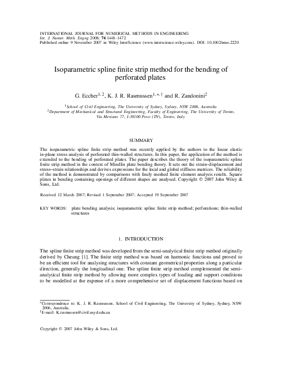 Pdf Isoparametric Spline Finite Strip Method For The Bending Of Perforated Plates