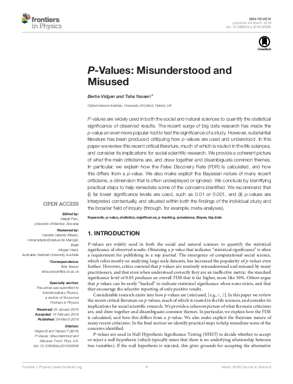 Pdf P Values Misunderstood And Misused