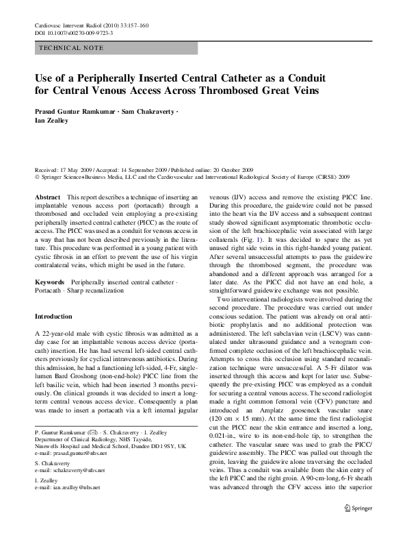 (PDF) Use of a Peripherally Inserted Central Catheter as a Conduit for ...