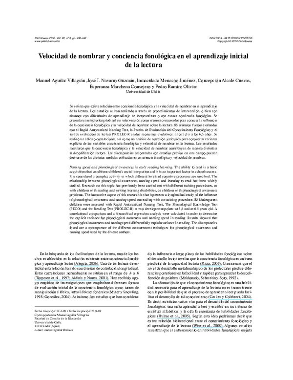 (PDF) [Naming speed and phonological awareness in early reading learning]