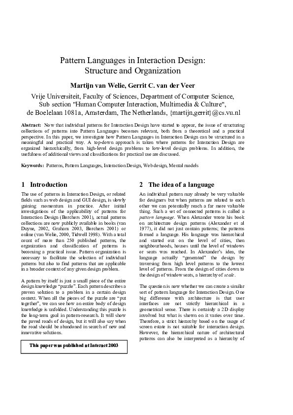 (PDF) Pattern Languages in Interaction Design