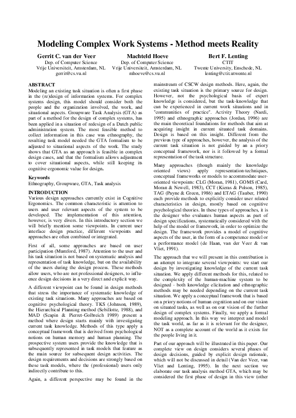 (PDF) Modeling Complex Work Systems - Method meets Reality