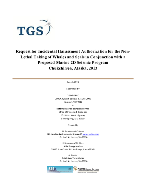 (PDF) Request for Incidental Harassment Authorization for the Non-Lethal Taking of Whales and ...