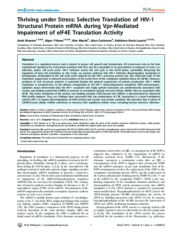 (PDF) Thriving under stress: selective translation of HIV-1 structural ...