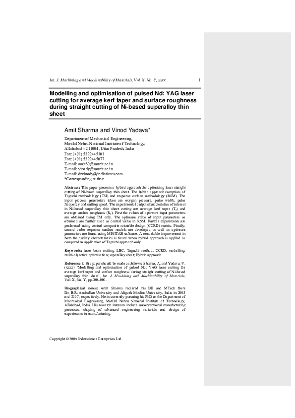 Pdf Modelling And Optimisation Of Pulsed Nd Yag Laser Cutting For Average Kerf Taper And