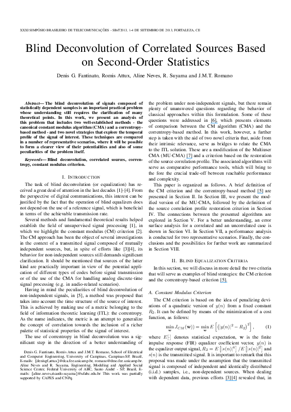(PDF) Blind Deconvolution of Correlated Sources Based on Second-Order Statistics | Aline Neves ...