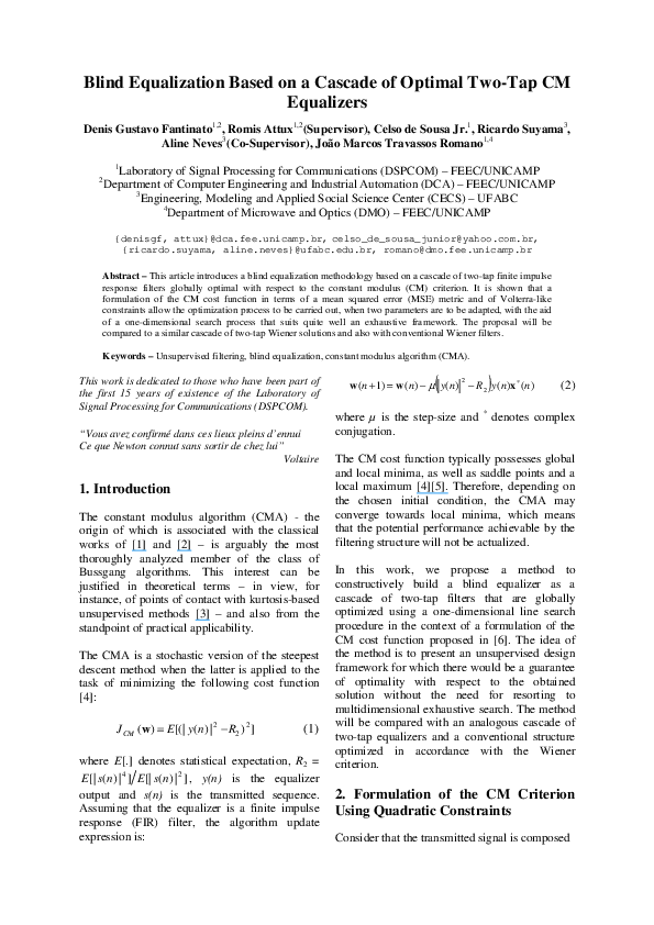 (PDF) Blind Equalization Based on a Cascade of Optimal Two-Tap CM Equalizers | Aline Neves ...