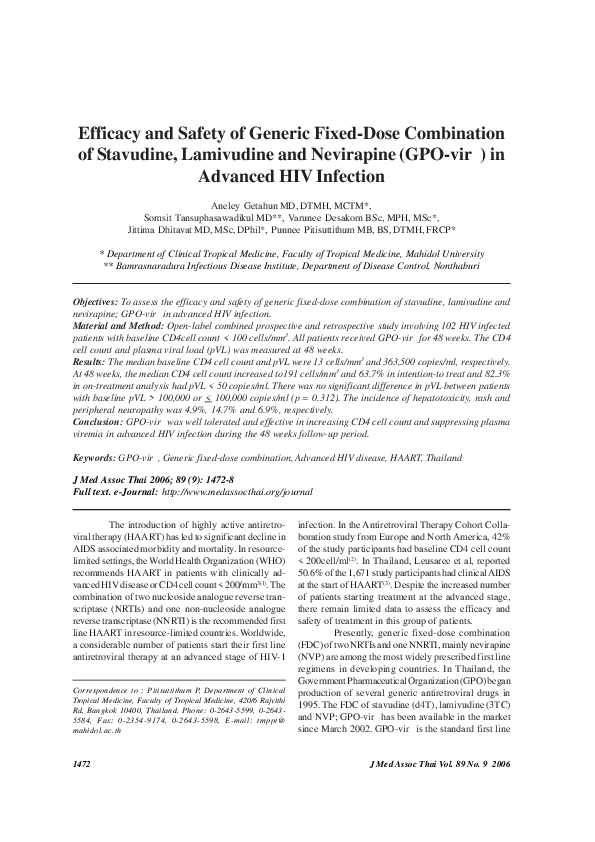 Pdf Efficacy And Safety Of Generic Fixed Dose Combination Of Stavudine Lamivudine And