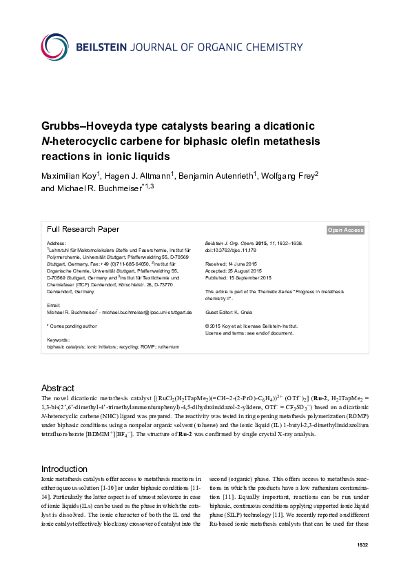 (PDF) Grubbs–Hoveyda type catalysts bearing a dicationic N-heterocyclic ...