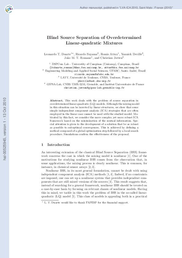 Pdf Blind Source Separation Of Overdetermined Linear Quadratic Mixtures 8734