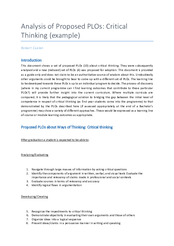 Pdf Analysis Of Proposed Program Learning Outcome Critical Thinking Example