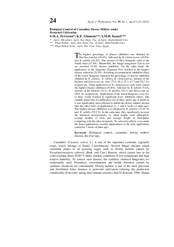 (PDF) Biological Control of Cucumber Downy Mildew under Protected Cultivation