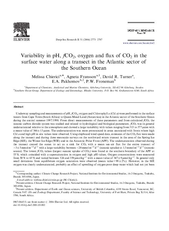 (PDF) Variability in pH, fCO2, oxygen and flux of CO2 in the surface water along a transect in ...