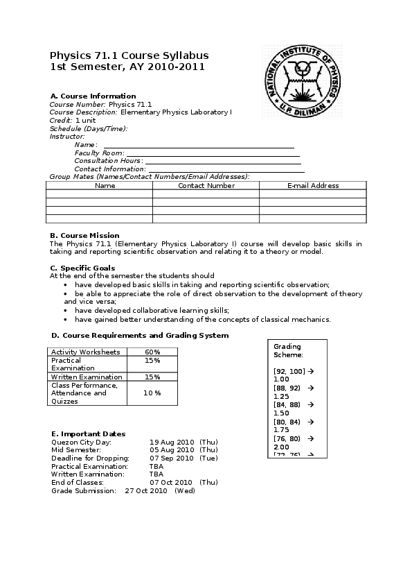 (DOC) Physics 71.1 Elementary Physics Laboratory I