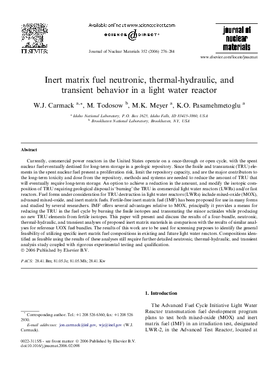 (PDF) Inert matrix fuel neutronic, thermal-hydraulic, and transient ...