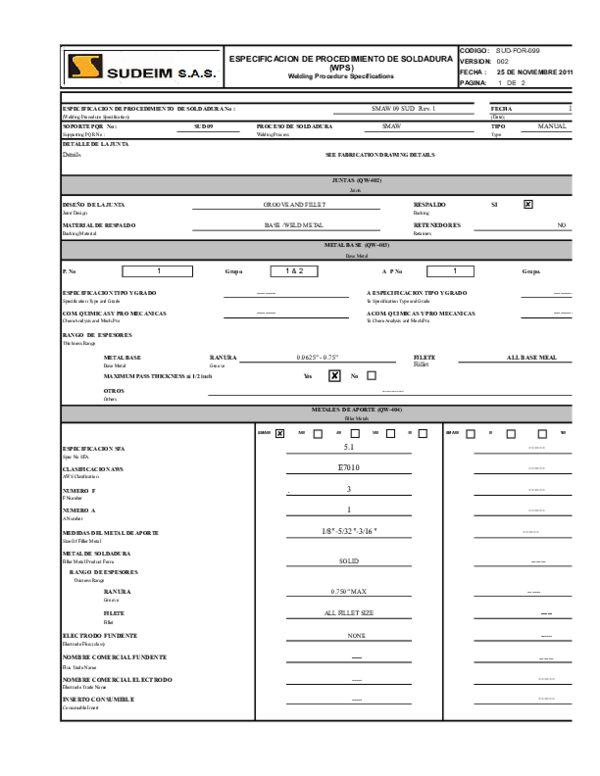 Welding Procedure Specification for SMAW