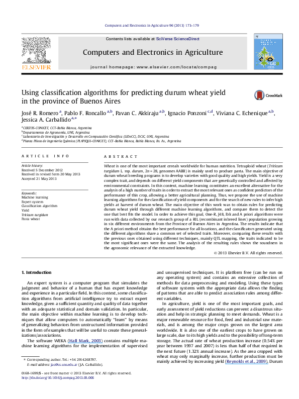 Pdf Using Classification Algorithms For Predicting Durum Wheat Yield