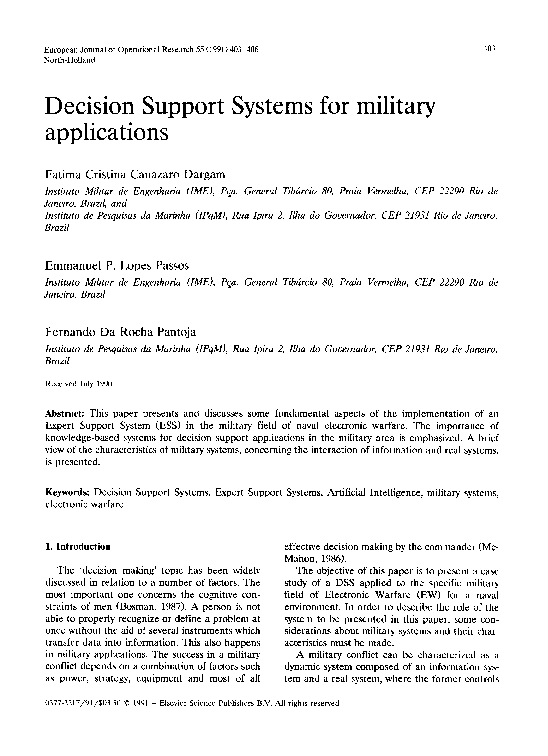(PDF) Decision support systems for military applications