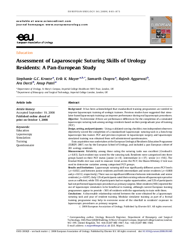 (PDF) Assessment of Laparoscopic Suturing Skills of Urology Residents: A Pan-European Study