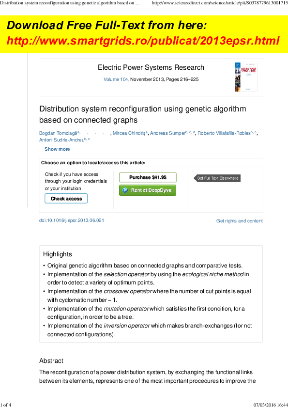 Distribution system reconfiguration using genetic algorithm based on connected graphs