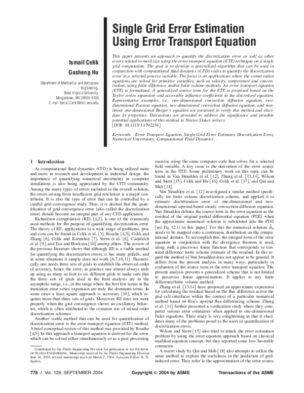Pdf Single Grid Error Estimation Using Error Transport Equation