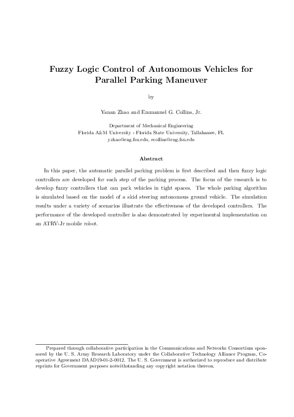 (PDF) Fuzzy Logic Control of Autonomous Vehicles for Parallel Parking Maneuver
