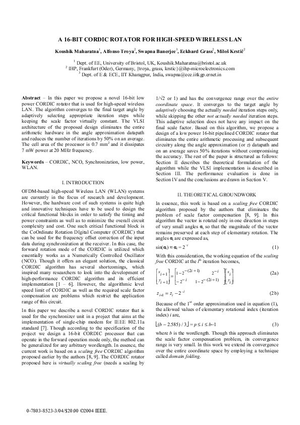 (PDF) A 16-bit CORDIC rotator for high-speed wireless LAN | E. Grass ...