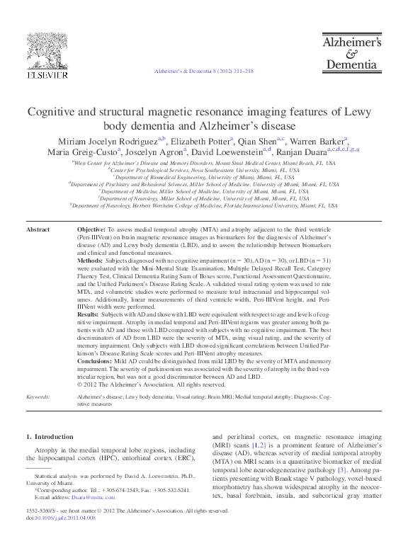 (PDF) Cognitive and structural magnetic resonance imaging features of Lewy body dementia and ...