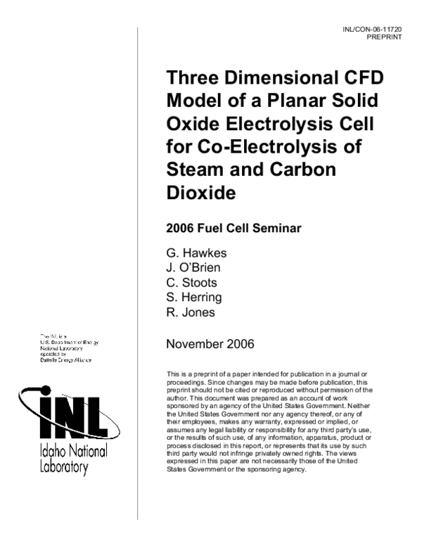 (PDF) Three Dimensional CFD Model of a Planar Solid Oxide Electrolysis Cell for Co-Electrolysis ...