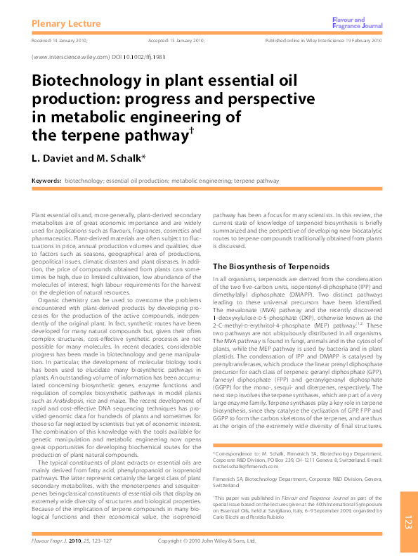 (PDF) Biotechnology in plant essential oil production: progress and ...