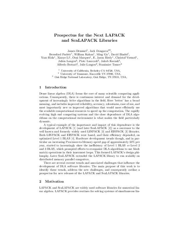 (PDF) Prospectus for the Next LAPACK and ScaLAPACK Libraries | Stanimire Tomov - Academia.edu