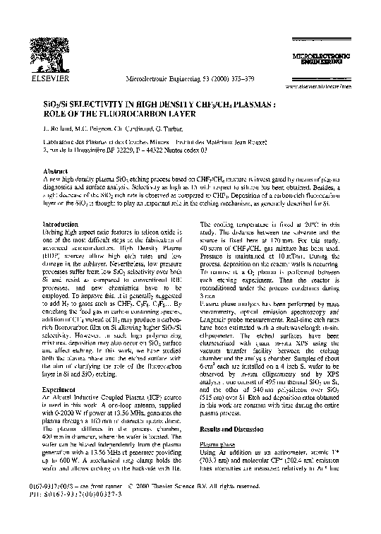 (PDF) SiO2/Si selectivity in high density CHF3/CH4 plasmas: Role of the ...