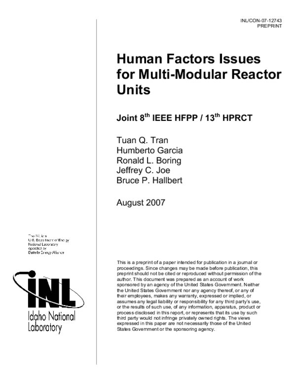 (PDF) Human factors issues for multi-modular reactor units