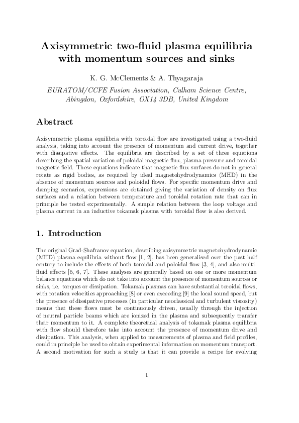 (PDF) Axisymmetric two-fluid plasma equilibria with momentum sources ...