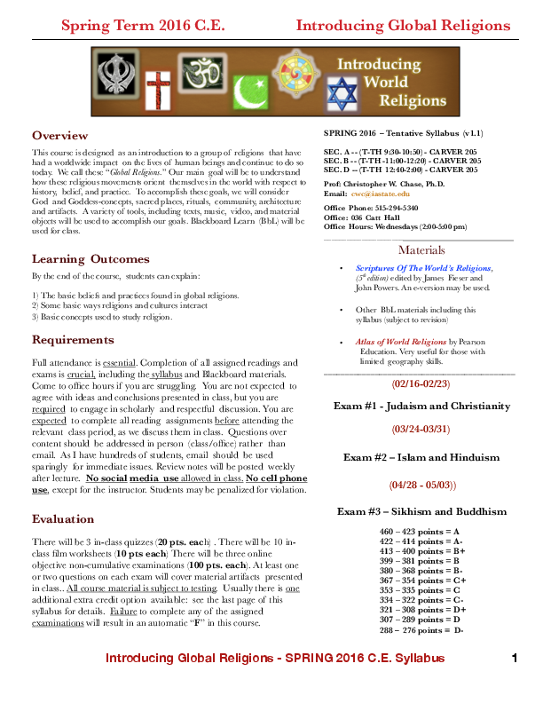 (PDF) Syllabus: "Introducing World Religions" (RELIG 205) (SPRING '16)