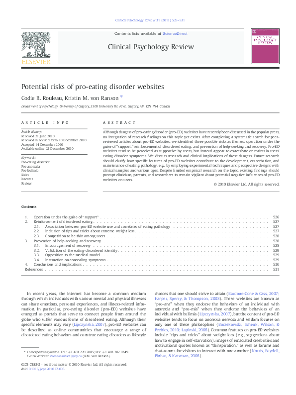 (PDF) Potential risks of pro-eating disorder websites