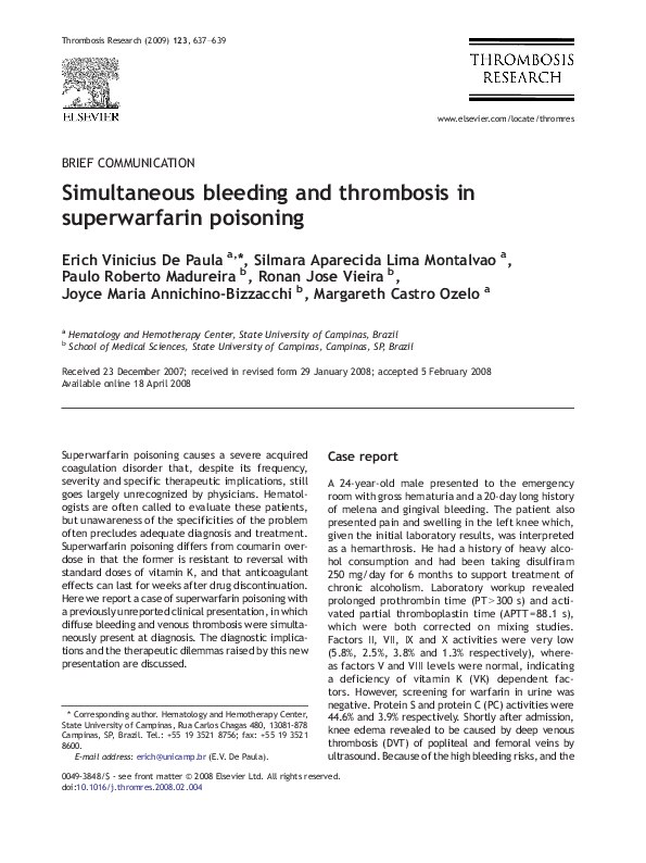 (PDF) Simultaneous bleeding and thrombosis in superwarfarin poisoning