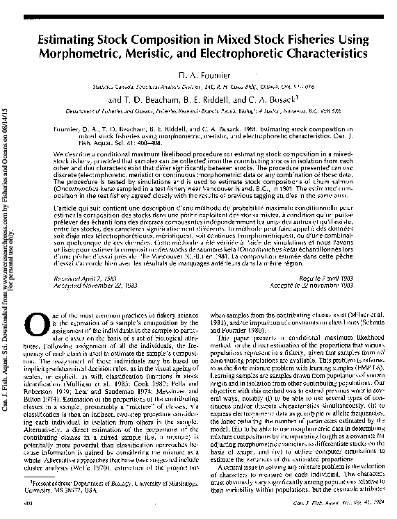 (PDF) Estimating Stock Composition in Mixed Stock Fisheries Using ...