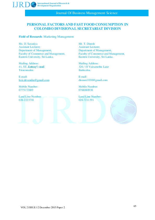 (PDF) PERSONAL FACTORS AND FAST FOOD CONSUMPTION IN COLOMBO DIVISIONAL ...