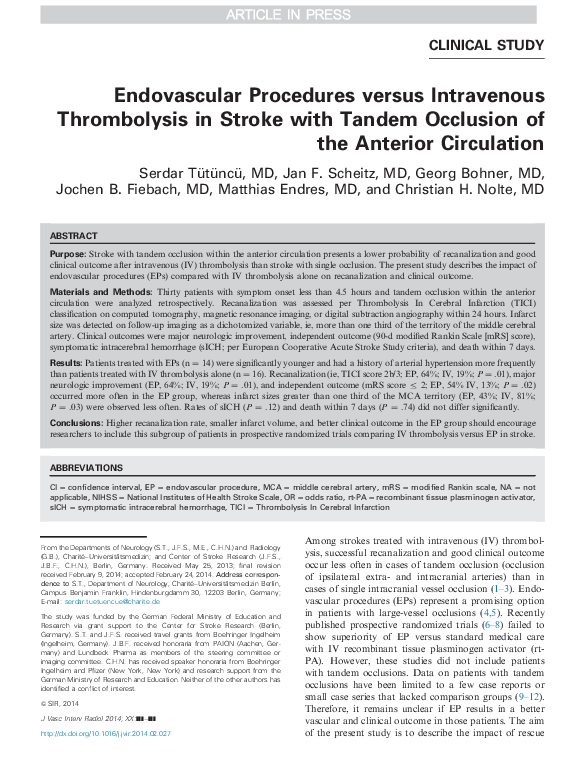 (PDF) Endovascular Procedures versus Intravenous Thrombolysis in Stroke ...