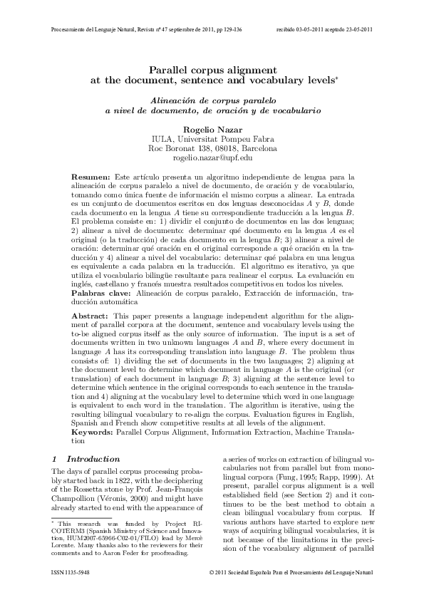 (PDF) Parallel corpus alignment at the document, sentence and ...