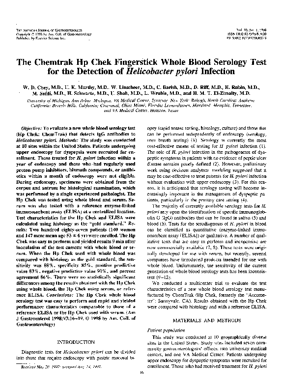 (PDF) The Chemtrak Hp Chek Fingerstick Whole Blood Serology Test for ...