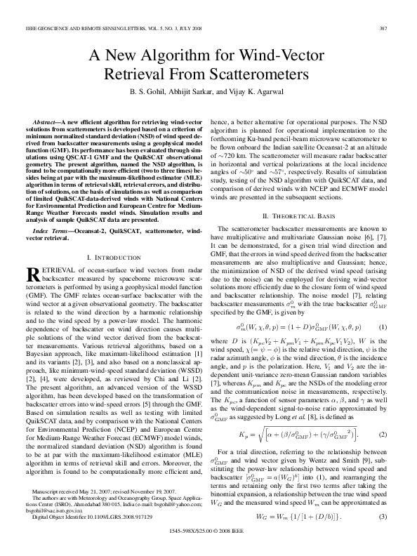(PDF) A New Algorithm for Wind-Vector Retrieval From Scatterometers