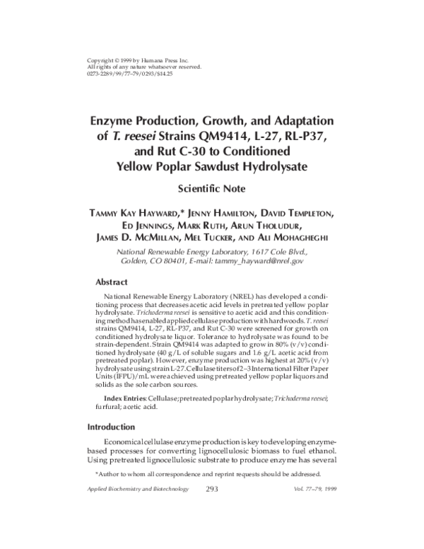 (PDF) Enzyme Production, Growth, and Adaptation of T. reesei Strains QM9414, L-27, RL-P37, and ...