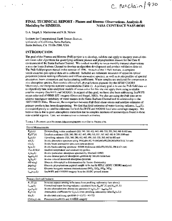 (PDF) FINAL TECHNICAL REPORT - Plumes and Blooms: Observations, Analysis & Modeling for SIMBIOS ...