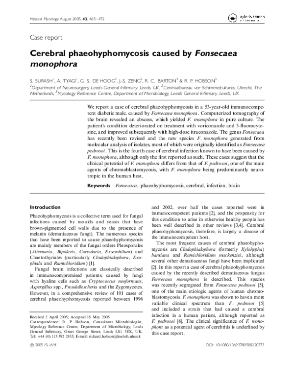 (PDF) Cerebral phaeohyphomycosis caused by Fonsecaea monophora ...